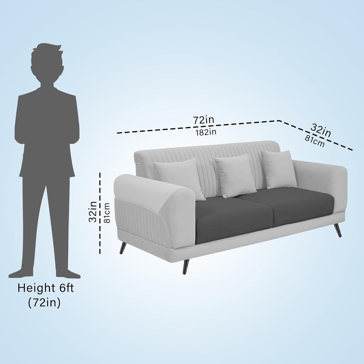 Casaliving Isabella 3 Seater Sofa Set for Living Room (Black Grey Colo