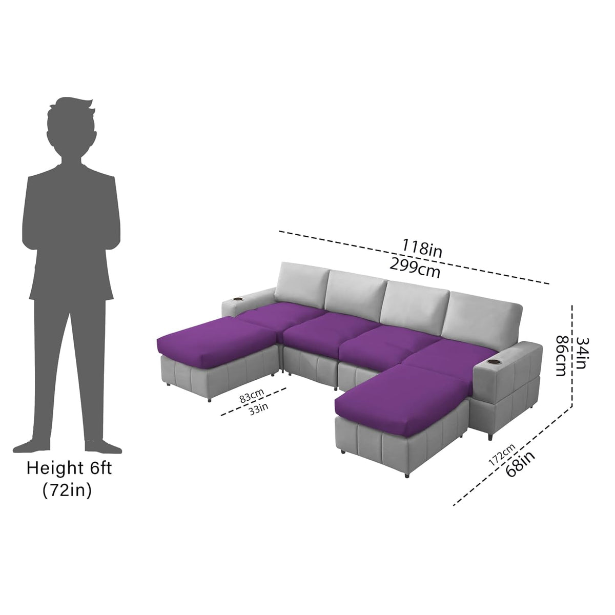 Rone 6 Seater L-Shaped & U-Shaped Sofas Set for Living Room – (Purple