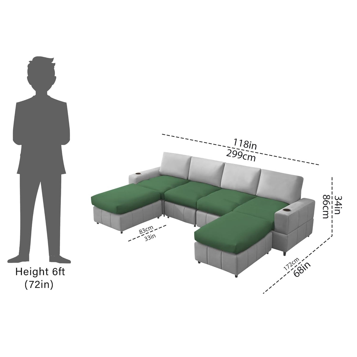 Rone 6 Seater L-Shaped & U-Shaped Sofas Set for Living Room – (Green G