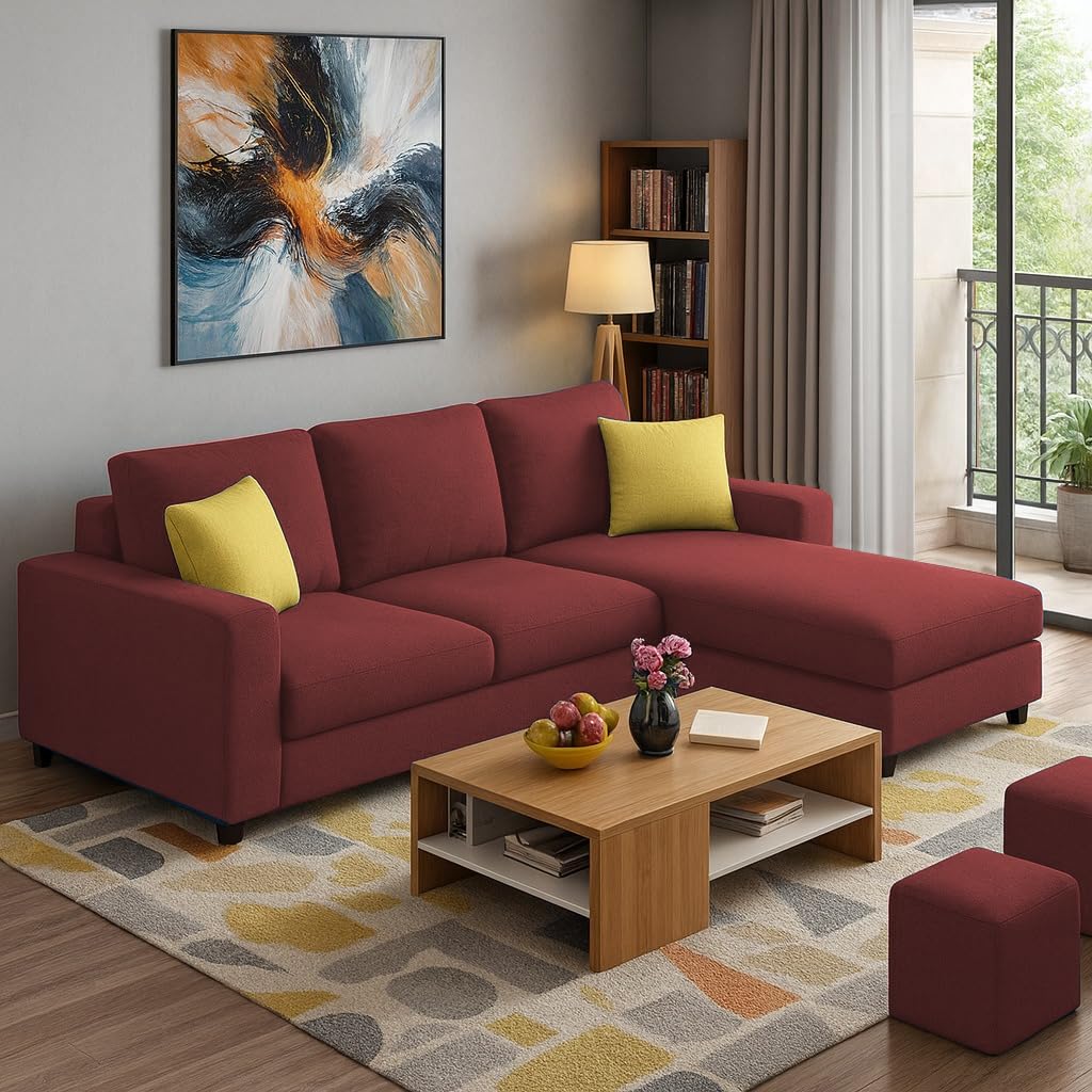 Casaliving Rolando 4 Seater L Shape Sofa Set with 2 Puffy for Living R