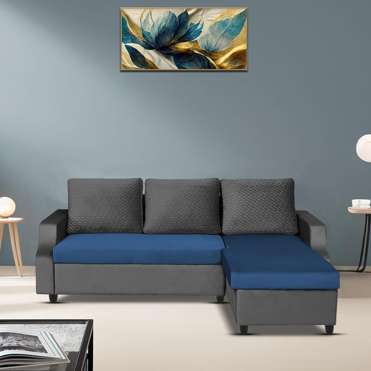Asper RHS 4 Seater L Shape Sofa Set for Living Room (Black Blue Fabric