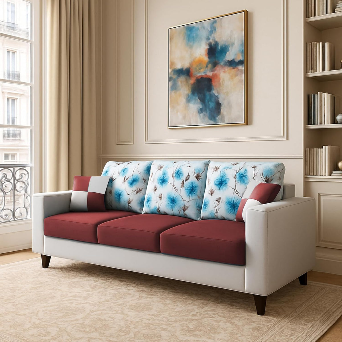Rolando 3 Seater Sofa Set for Living Room (Maroon Grey Colour) Premium