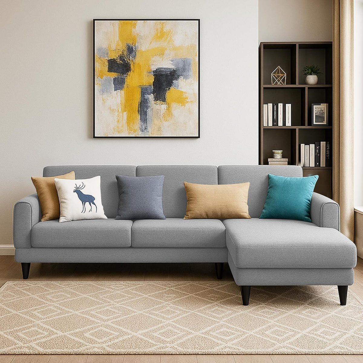 Aria RHS 4 Seater L Shape Sofa Set for Living Room (Grey) Premium Fabr