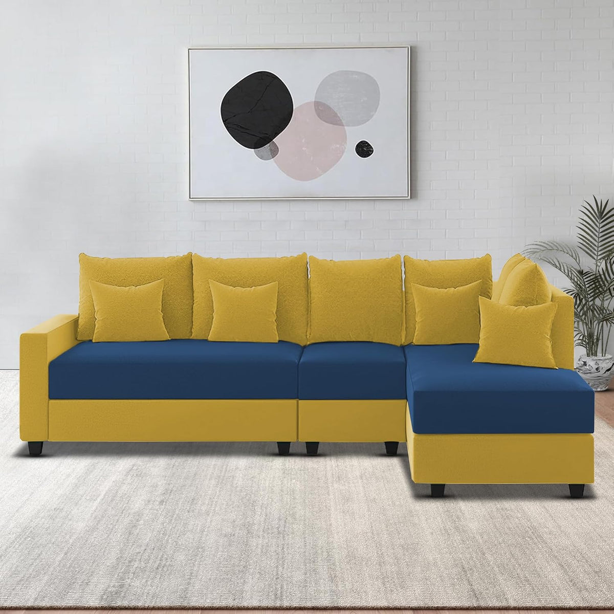 Inclair RHS 6 Seater L Shape Sofa Set for Living Room (Blue Yellow Fab